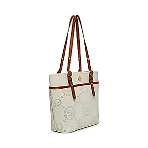 Anne Klein Pocket Tote with perf Ring Logo, Ginger Biscuit/Anne White/Ginger Biscuit