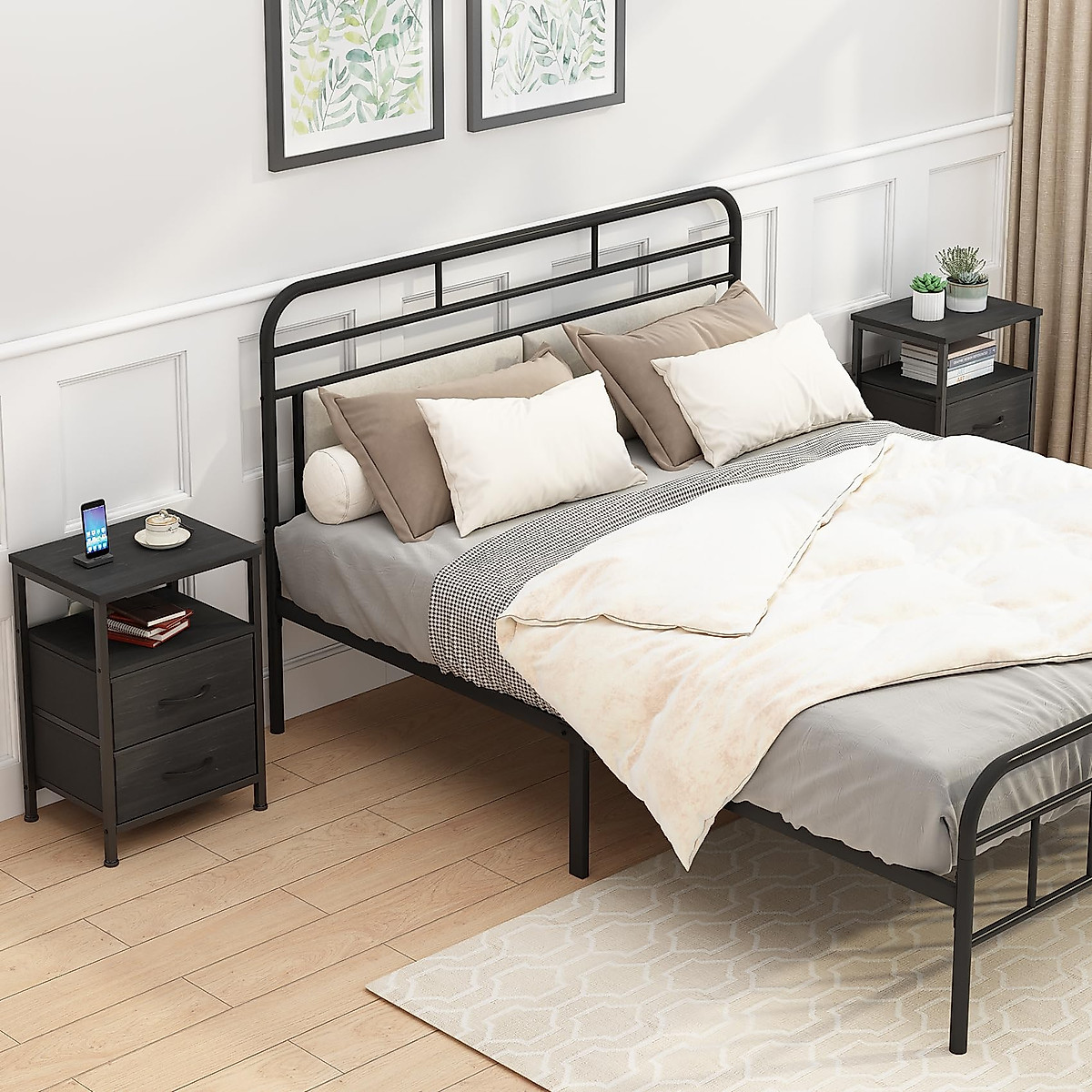 ZIWEI STAR Night Stand Set 2, Nightstands End Tables with Fabric Storage Drawer and Open Wood Shelf, Sidetables for Bedroom, Small Bedside Furniture, Dorm, Easy Assembly, Black