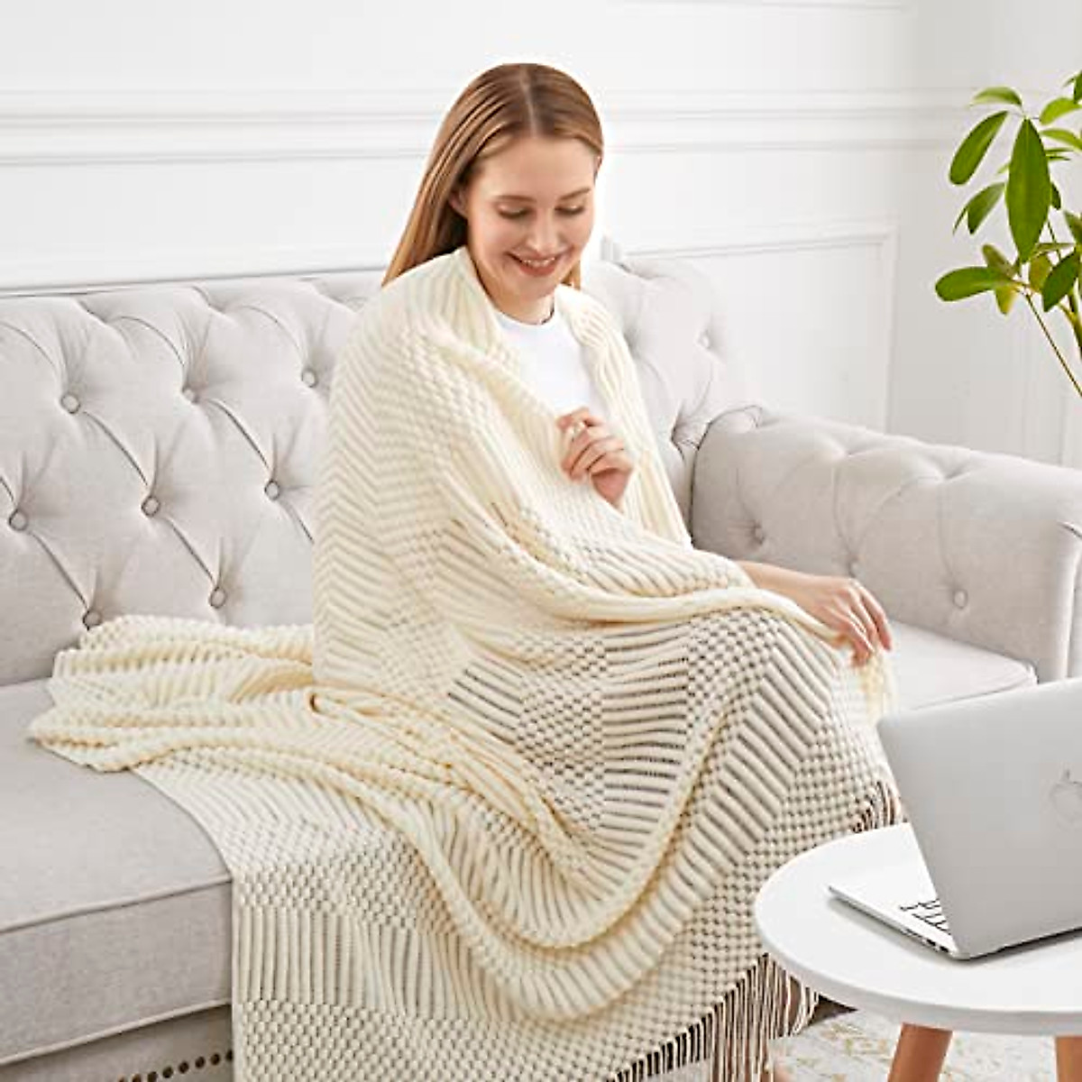 HommxJF Off White Knitted Throw Blankets for Couch, Bedroom and Officeroom,Textured Fade Resistant Soft and Warm Decorative Knitted Blankets with Tassel,50"x60"