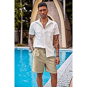 COOFANDY Men’s Linen Casual Shorts Classic Fit 7" Summer Beach Shorts Elastic Waistband with Pockets, Khaki, Medium