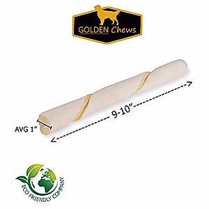 GOLDEN Chews Natural Rawhide Roll Twist Sticks 9-10 Inches Dog Treat. Extra Thick, Single Sheet. (20 Pack)