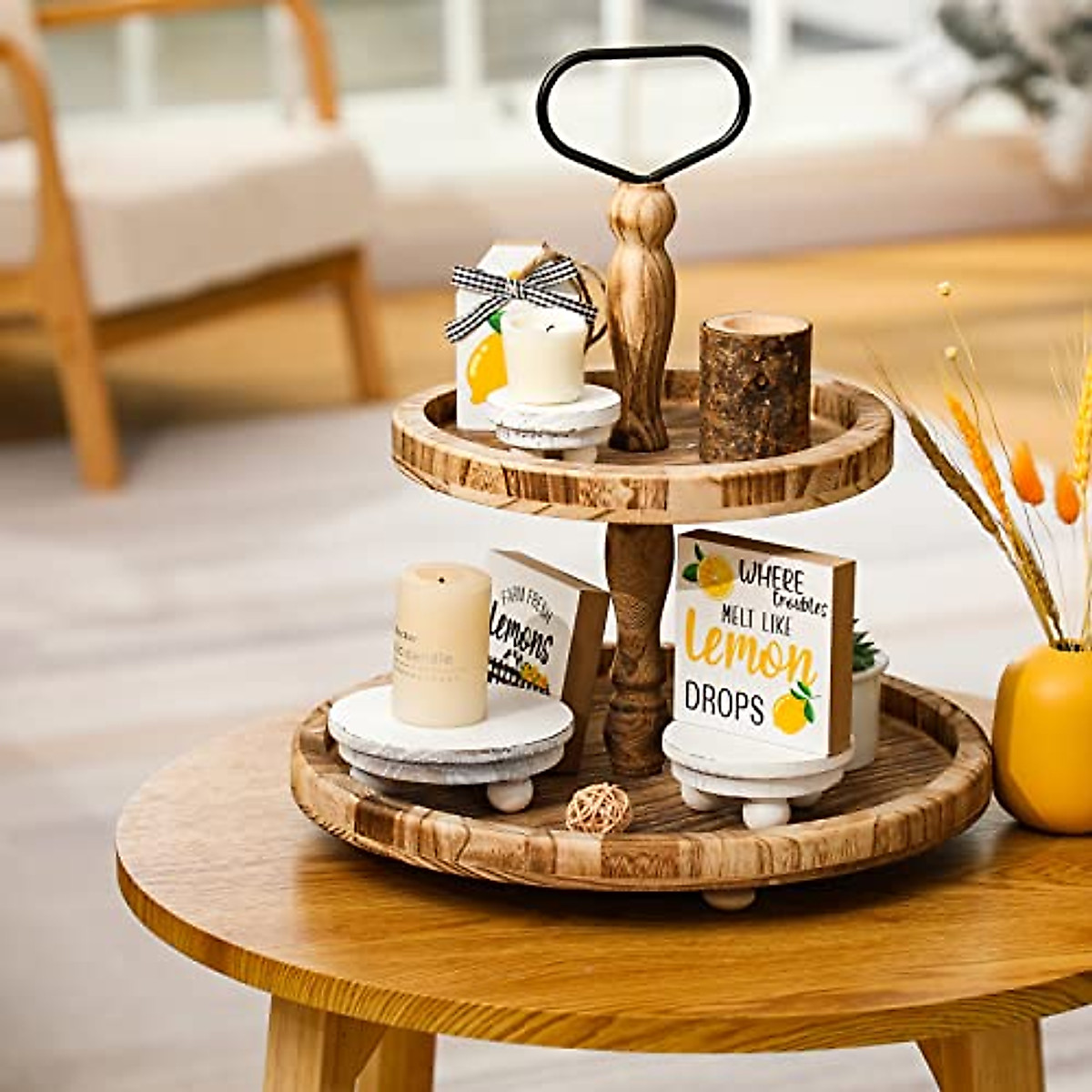 3 Pieces Wood Risers for Decor Wood Pedestal Mini Riser Stand Round Wooden Riser Rustic Farmhouse Riser for Decor Tiered Tray Decor Riser for Home Kitchen (Washed White, 5/4/3 Inch)