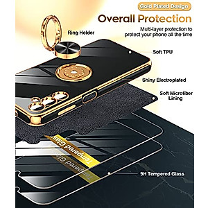 LeYi for Samsung Galaxy A14 5G Case: with 2 Pack Tempered Glass Screen Protector and 360° Rotatable Ring Holder Magnetic Kickstand, Plating Rose Gold Edge Protective Samsung A 14 5G Case, Black