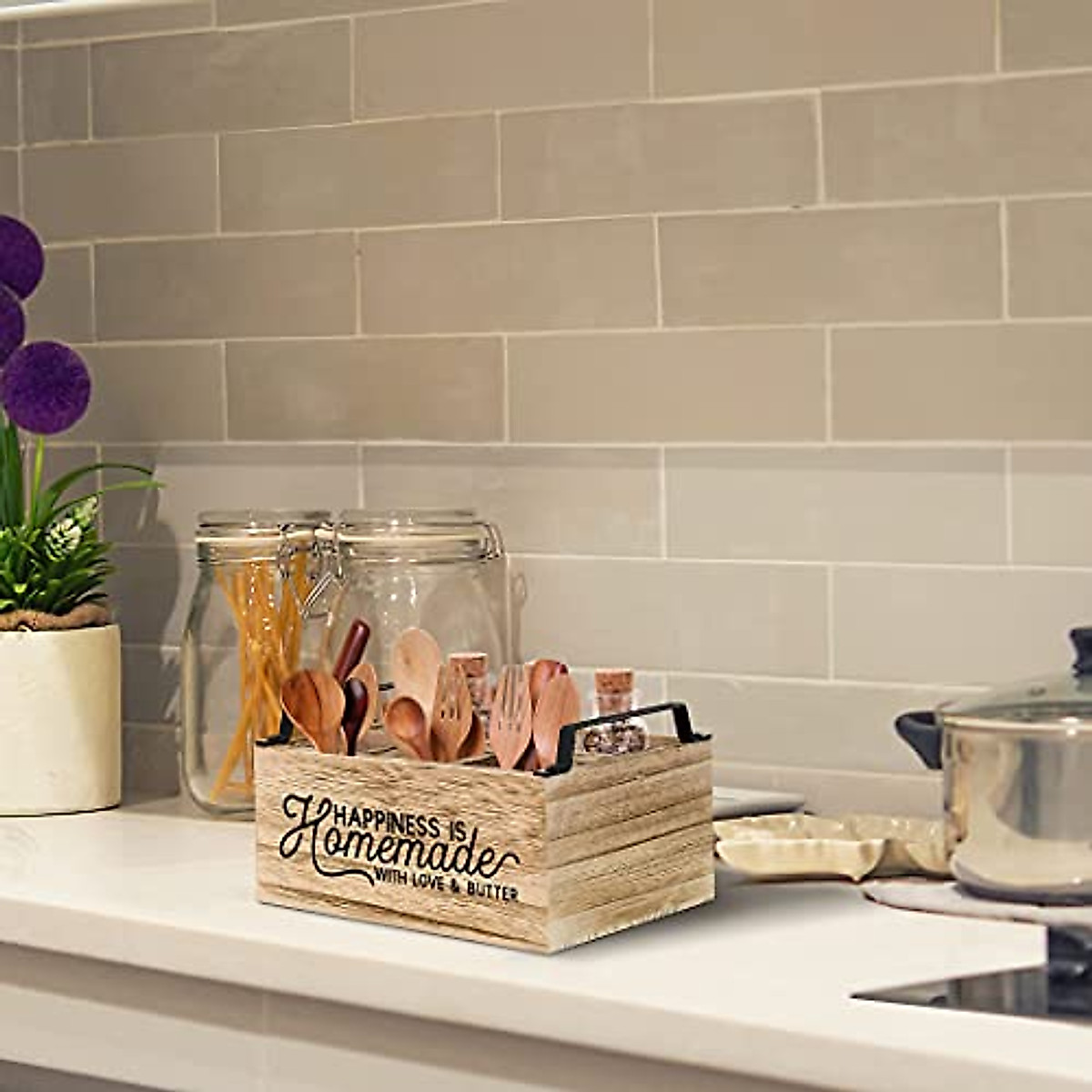 Kitchen Countertop Utensil Holder, Rustic Kitchen Utensil Caddy, Flatware Caddy and Silverware Organizer, Wood Utensil Caddy for Kitchen Countertop Organizer