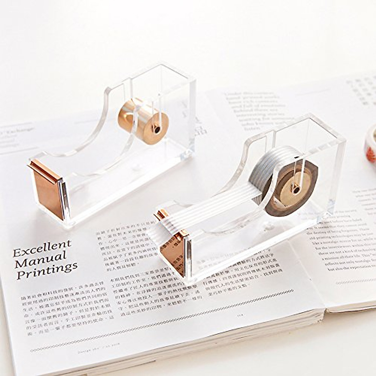 Acrylic Gold Tape Dispenser,Clear Acrylic Desk Dispenser Kit , Modern Design Office Desktop Tape Dispense