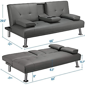 GATEQ Contemporary Faux Leather Futon, Convertible Sofa Bed, Adjustable Sofa Sleeper, Folding Sunbed Guest Bed, Removable Armrests with Cupholders and Pillow (Grey)