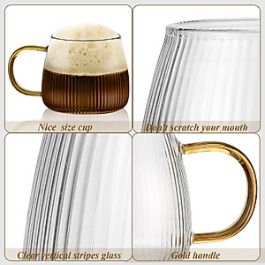 8 Pcs Glass Coffee Mugs 12.5 oz Clear Mugs for Hot Beverages Ribbed Espresso Cups Glass Coffee Cups in Vertical Stripes with Light Yellow Handle Vintage Glass Coffee Cups for Tea Latte Milk Juice
