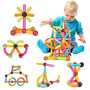 Magnetic Balls and Rods Set 44 Pcs Magnetic Building Sticks Blocks for Kids,Vibant Colors Different Sizes Curved Shapes，Educational STEM Magnet Toys Gift for Boys Girls Age 3 4 5 6 7 8