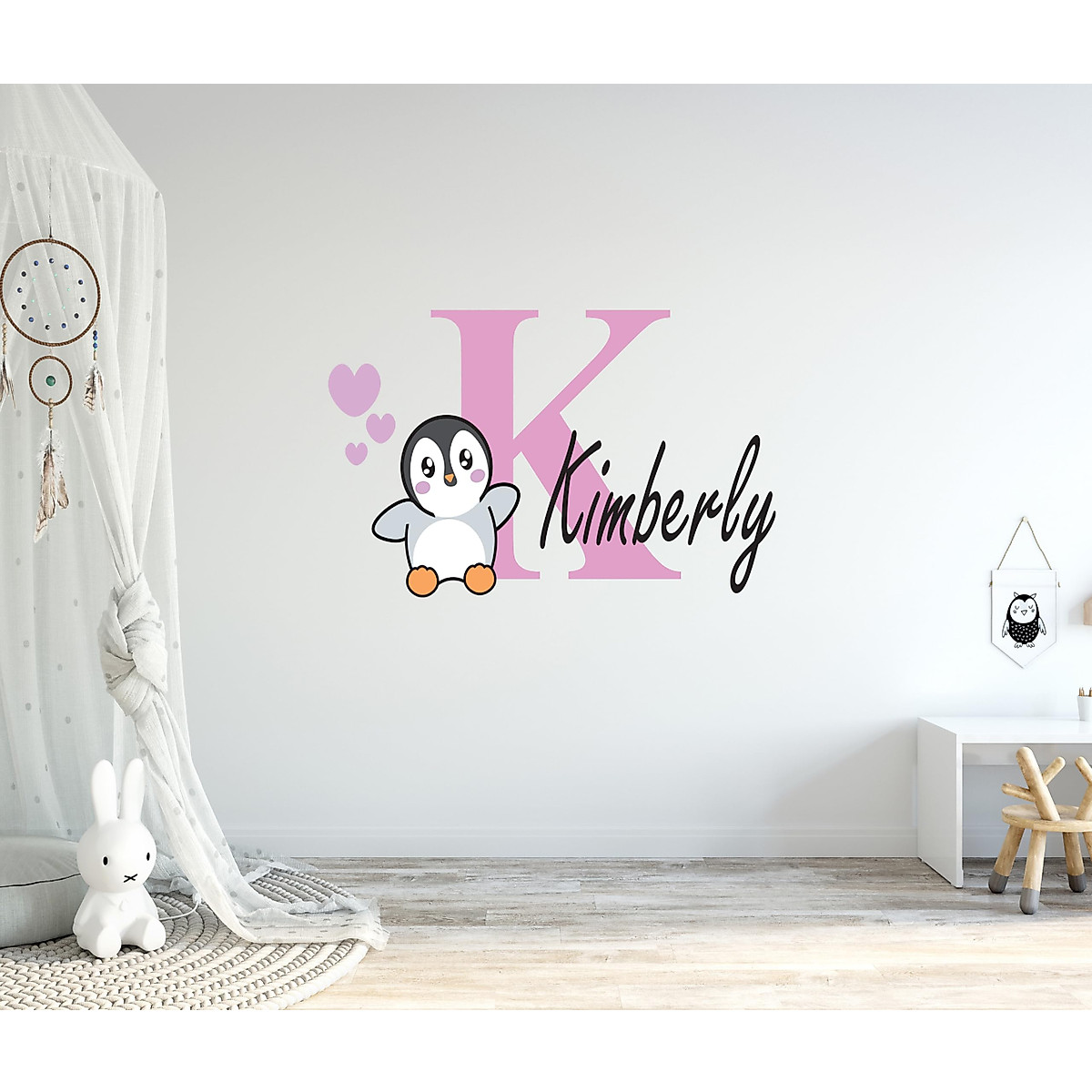 CuteDecals Love Penguin Custom Name - Personalize Penguin Name Wall Art - Unisex Wall Decal for Nursery Playroom Bedroom Decoration (Wide 16Inx9In Height)