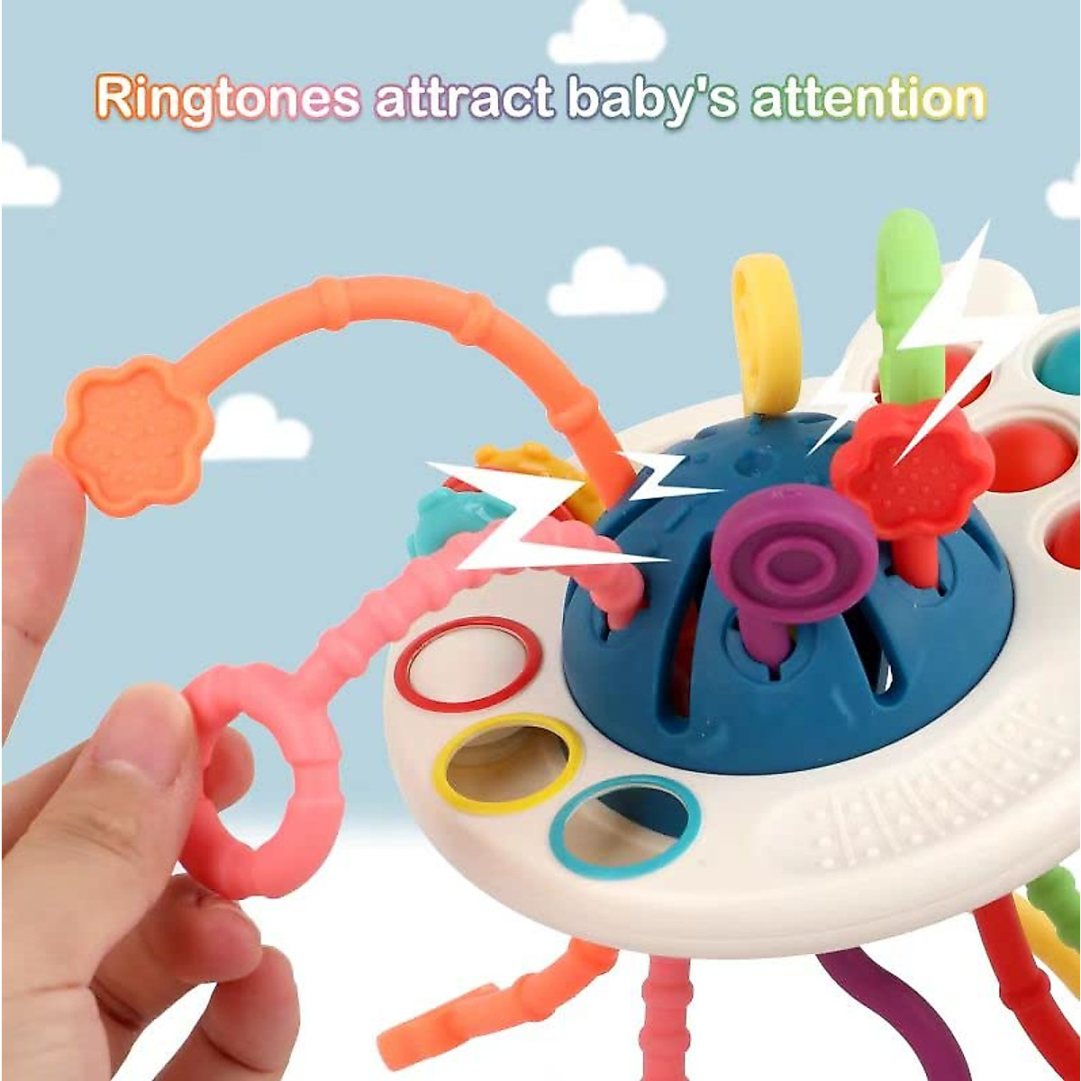 Montessori Toys for Baby: Early Educational Sensory Toys with Bell for Toddler, Rocket Silicone Pull String Activity Toys with Dimple Fidget for Fine Motor Skills Baby Travel Toy Gift (Brown)