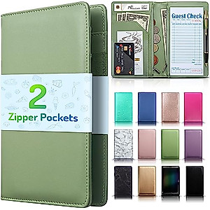 Server Book with 2 Zipper Pockets, Leather Server Books for Waitress, Waiter Book, Durable Waitress Book with Money Pocket and Zipper, Waiter Wallet Server Booklet Checkbook Fit Server Apron (Grass Green)