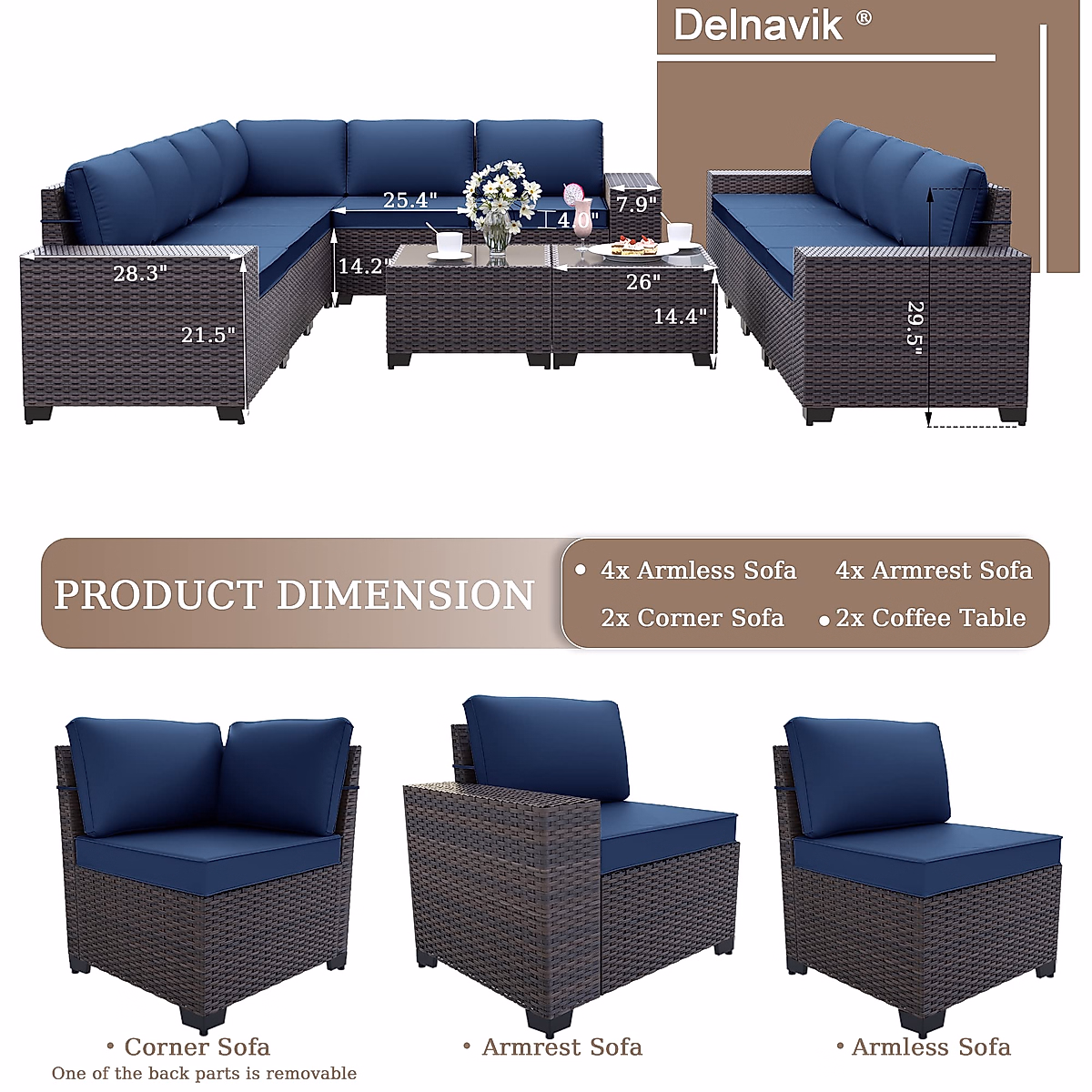 Delnavik Patio Furniture Set Sofa 12-Pieces Wicker Sectional Sofa Set, Outdoor Furniture Rattan Patio Conversation Set with Thickened Cushions and Glass Coffee Table, Navy Blue