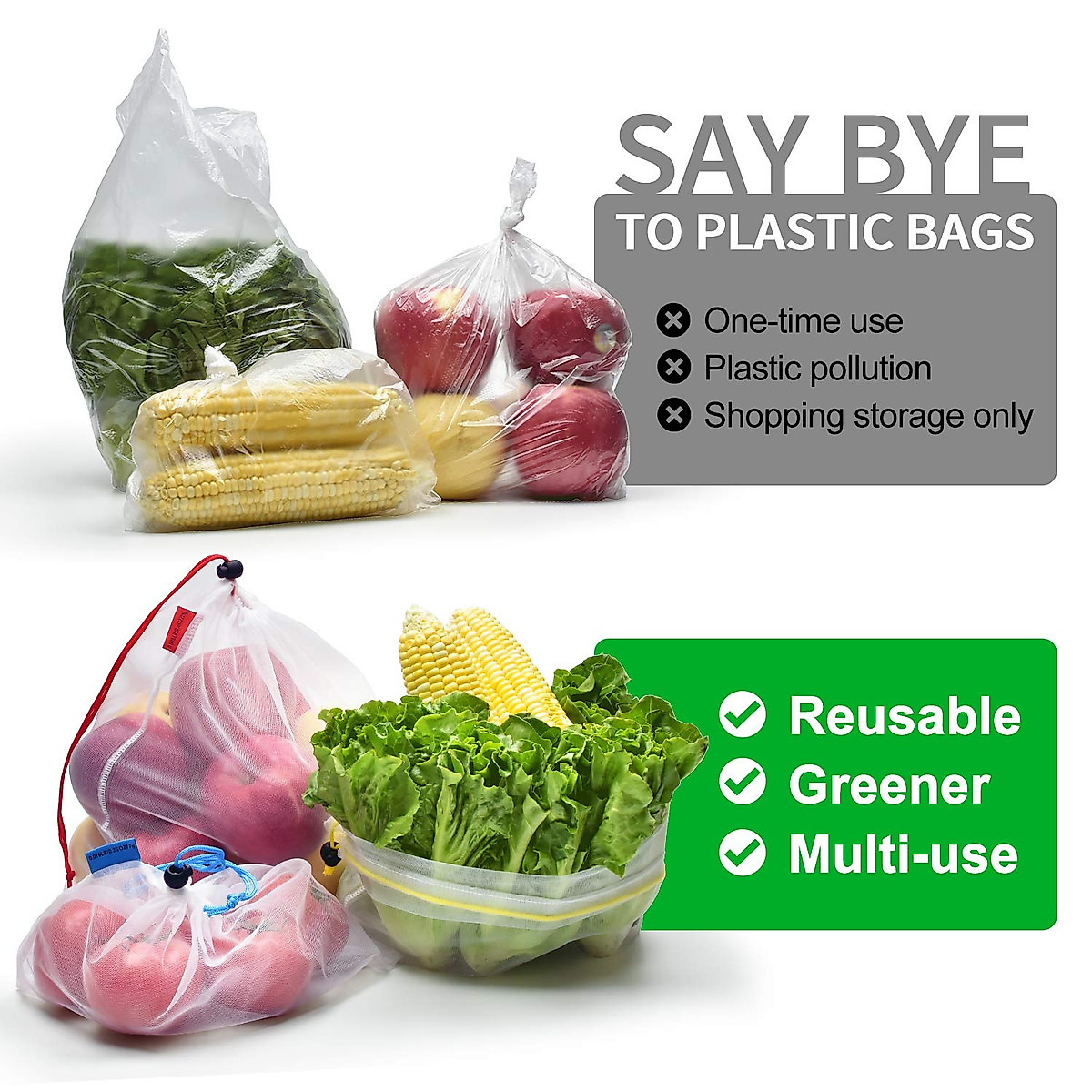 Mipruct 24 pack Reusable Produce Bags,Reusable produce bags for grocery,mesh bags See-Through and Washable Grogery Bags with 3 Sizes useful for storage fruits,vegetables,toys……