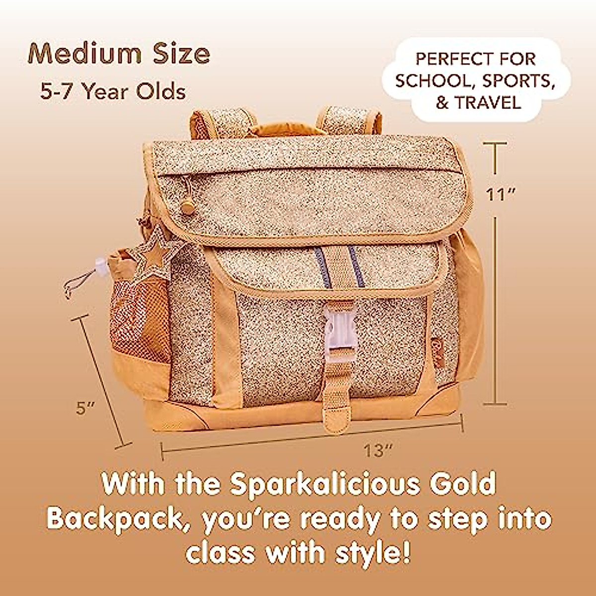 Bixbee Personalized Kids Backpack, Gold Sparkly Bookbag for Kids & Toddlers Ages 3+ 5-7 | Custom Backpack with Name for Boys & Girls | Water Resistant Monogrammed School Bag