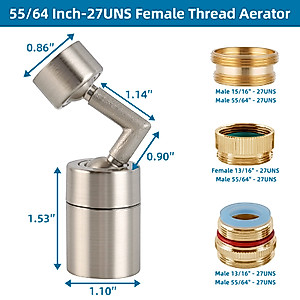 2-Flow Bathroom Faucet Aerator with 3 Adapters, 720-Degree Swivel Female Thread Faucet Aerator with Male Adapter, Water Saving Kitchen Sink Aerator, Brushed Nickel Faucet Extender Attachment