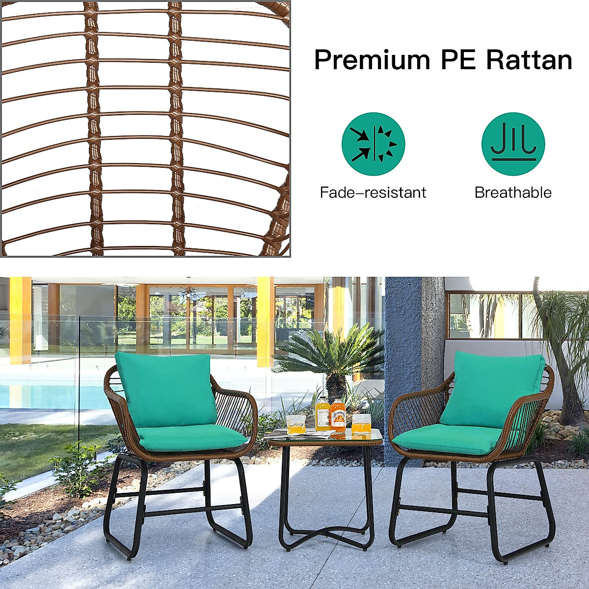 Tangkula 3 Pieces Patio Bistro Set, Patiojoy Outdoor PE Rattan Armchairs and Coffee Table Set with Comfortable Cushions & Adjustable Foot Pads, Suitable for Garden Backyard Poolside (Turquoise)