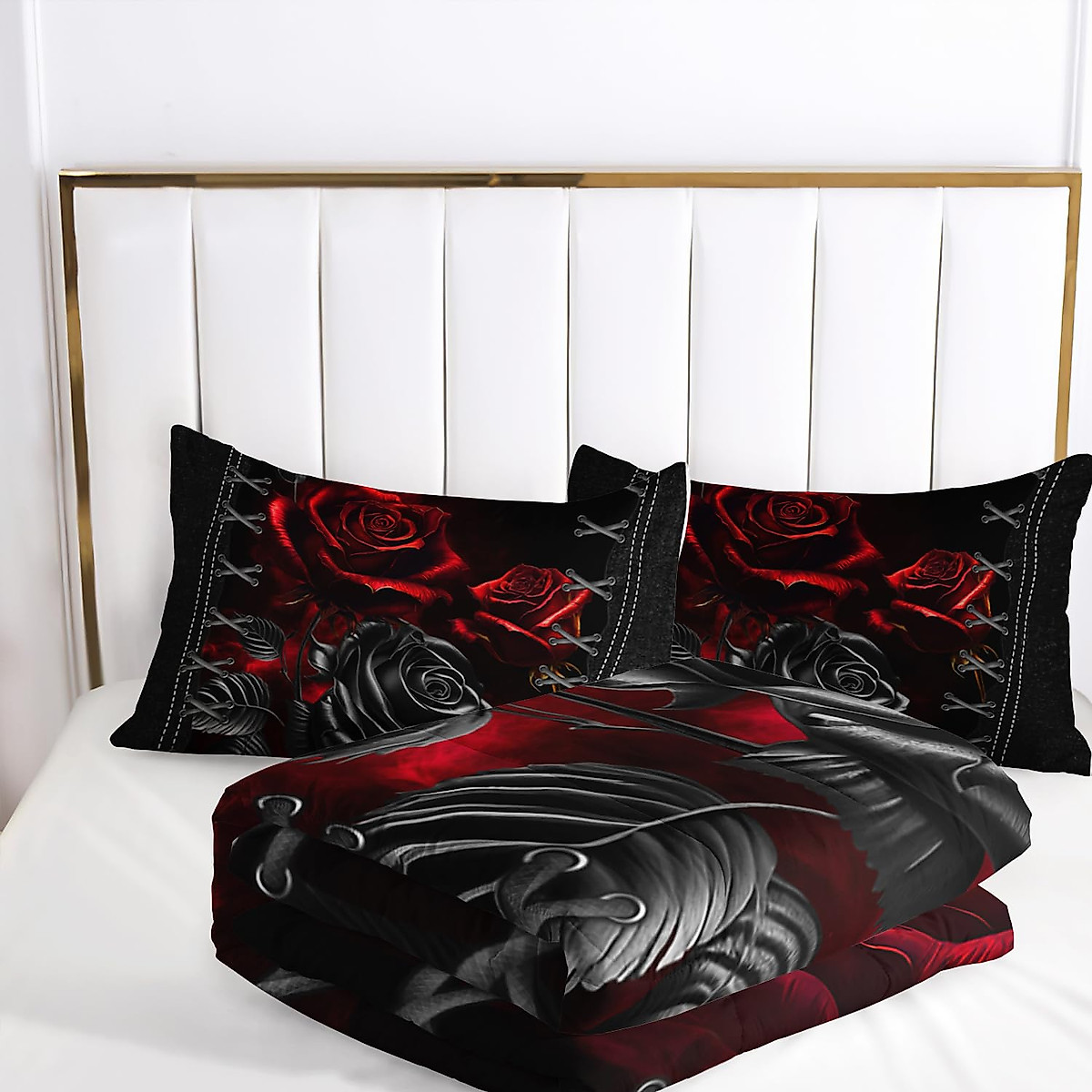 AILONEN Red Rose Comforter Set Full Size, 3D Red Floral Bedding Set,Red and Black Comforter Sets,Red Rose Duvet Set 3 Pieces, 1 Quilt and 2 Pillowcases