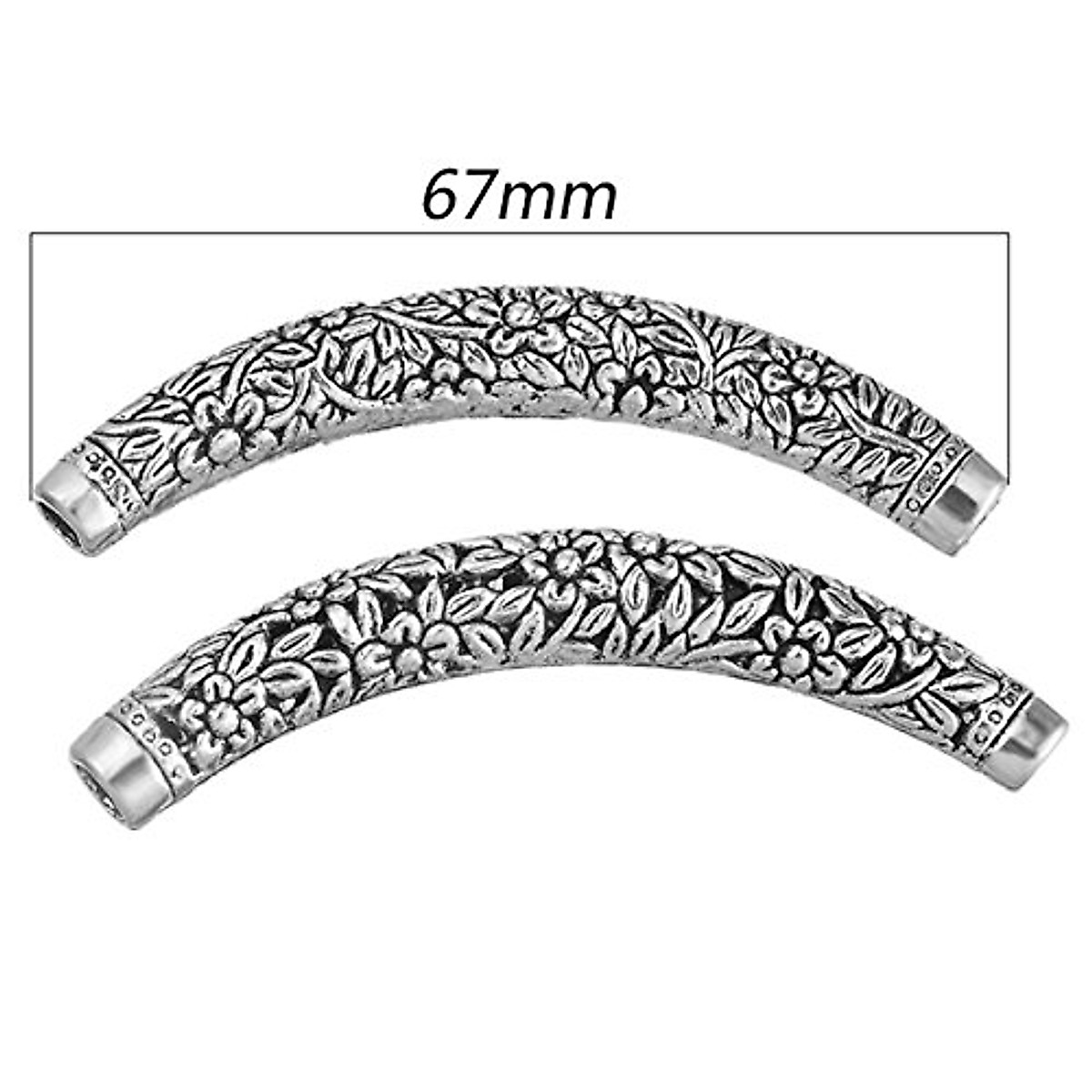 6Pcs/Set Noodle Tube Spacers Beads, Antique Silver Flower Pattern Floral Millefiori Carve for Charm Bracelet Necklace DIY Jewelry Making, 67mm Long, Hole: 3mm