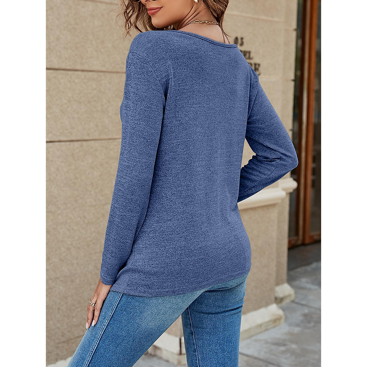 Danedvi Womens Tops Deep V Neck Long Sleeve Shirts Oversized Solid Color Casual Loose Top Blue