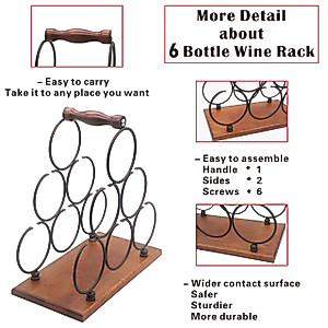 Countertop Wine Rack, Tabletop 6 Bottles Wood Wine Holder, Sturdy Handle, 3-Tier Rustic Classic Design, Simple Assembly, Wood & Metal (Copper)