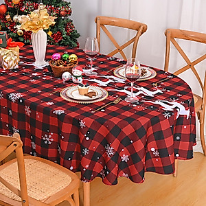 Alishomtll Christmas Tablecloth Oval 60x84 Inch, Red and Black Checkered Table Cloth Oval Tables for Christmas Decor, Snowflake Waterproof Table Decorations