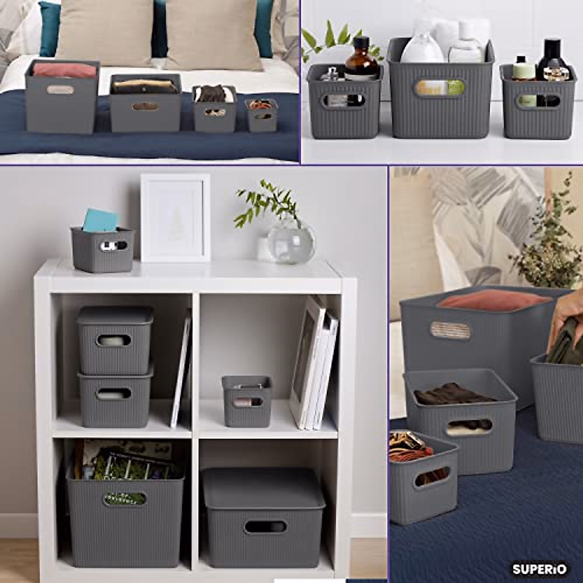 Superio Decorative Plastic Open Home Storage Bins Organizer Baskets, Medium Grey (1 Pack) Container Boxes for Organizing Closet Shelves Drawer Shelf - Ribbed Collection 5 Liter