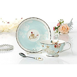 Fine Bone China Tea Cups and Saucers, Pastel Blue Floral Design Coffee Mug Tea Cups Set with Gift Box for Women Mom, 7 Ounces