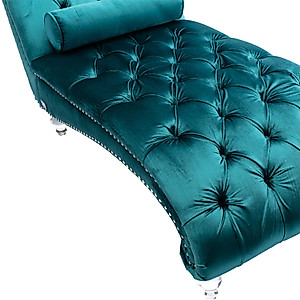 TRIPLE TREE Leisure Concubine Sofa with Acrylic Feet for Adults, Velvet Barrel Sofa with Lumbar Support Pillow, Traditional Design Chaise for Home Living Room, Bedroom, Reading Room, Office, Teal
