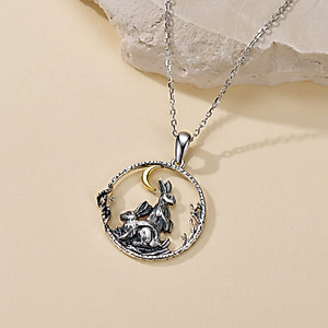 SVODEA Double Rabbit Necklace for Women 925 Sterling Silver Hares Moon Pendant Necklaces Vintage Bunny Animal Jewelry Gift for Women Mom Wife(Style-2)