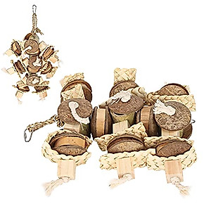 Zerodis Parrot Chewing Toy, Bird Coconut Beak Grinding Plaything Toy Parrot Cage Bite Toys with Blocks for Conures Cockatiels African Grey Macaws