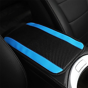 BESULEN Car Armrest Storage Box Cover, PU Leather Waterproof Non Slip Center Console Pad, Universal Carbon Fiber Arm Rest Seat Box Mat, Car Interior Accessories for Most Vehicle SUV Truck (Blue)