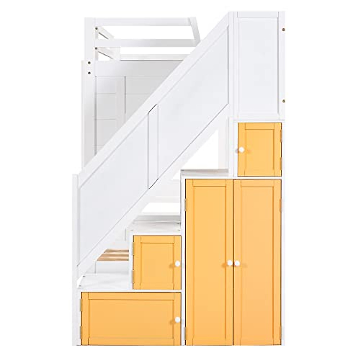 HomSof Twin Over Twin Bunk Bed with Trundle,Stairs,Ladders Solid Wood Bunk Bed with Storage Cabinet （White + Yellow）