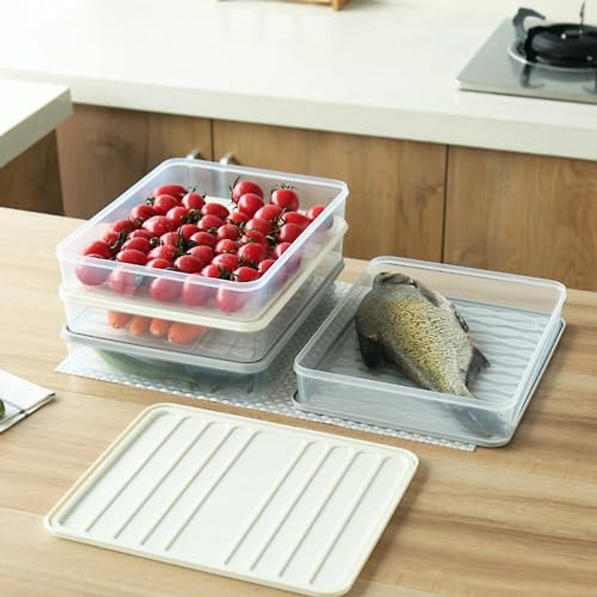 Cabilock 2pcs Food Storage Containers, Plastic Refrigerator Crispers with Lid, Stackable Vegetable Organizer for Kitchen, Freezer Organizer Bins, White (Large+Small)