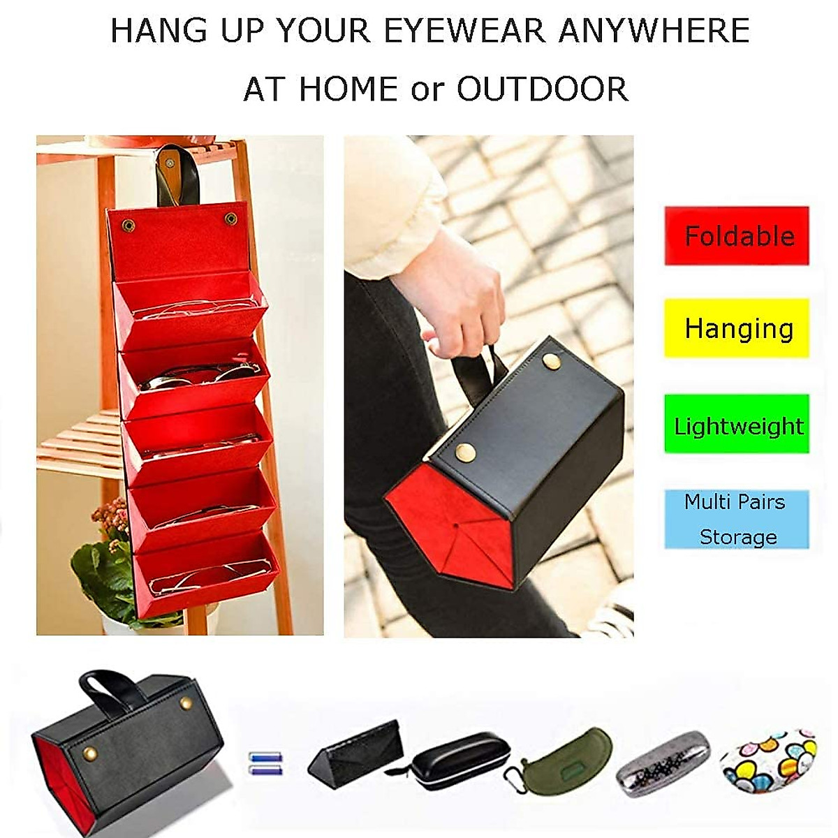 Mowsug Multiple Travel Sunglasses Organizer Case - PU Leather Hanging Foldable Eyeglasses Case (Red)