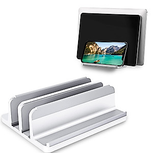 Dual Vertical Laptop Stand with New Smart Phone Slot; Compact Space-Saver Rack Expands Work Area. Strong Aluminum Adjustable Stand Holds Your Devices Securely