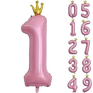 40 Inch Crown Pink Number 1 Balloons, Jumbo Light Pink Number Balloon Mylar Balloons for First Birthday, 1st Birthday Decorations Girls, Anniversary Decorations