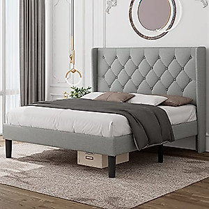 Feonase Upholstered Queen Bed Frame with Wingback, Platform Bed with Diamond Tufted Headboard, Heavy Duty Bed Frame, Wood Slat, Easy Assembly, Noise-Free, No Box Spring Needed, Light Gray