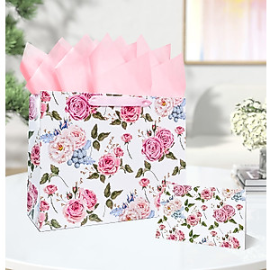 MUNILAIL 13 Inches Large Gift Bag for Women Flower Gift Bag with Handle Tissue Paper and Greeting Card for Birthday Wedding Bridal Shower Party Large Pink Paper Gift Bag