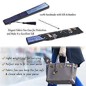 OMyTea® "Grassflowers 8.27"(21cm) Hand Held Folding Fans - With a Fabric Sleeve for Protection for Gifts - Chinese/Japanese Vintage Retro Style (Blue)