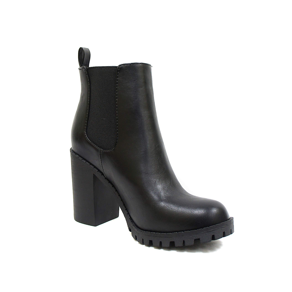 Soda Glove - Ankle Boot w/Lug Sole Elastic Gore and Chunky Heel (7.5, Black (PU))