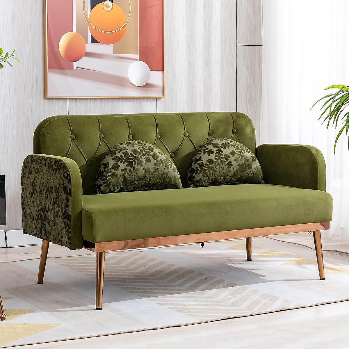 55-inch Small Velvet Couch with Elegant Moon Shape Pillows, Twin Size Loveseat Accent Sofa with Golden Metal Legs, Living Room Sofa with Tufted Backrest, 600 Pounds Weight Capacity, Green