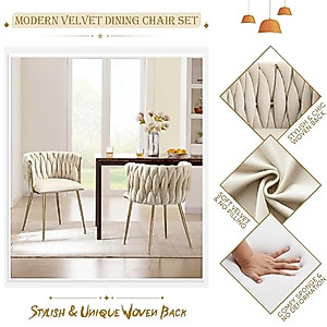 Upholstered Velvet Dining Chairs Set of 2, Modern Living Room Chair with Woven Back and Golden Metal Legs, Mid-Century Accent Side Chair for Dining Room, Living Room, Kitchen, Vanity Room, Ivory