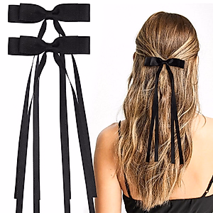 VOBOBE 2PCS Hair Bows for Women Girls, Tassel Ribbon Bowknot Hair Clips Barrettes for Girl with Small Long Tail Solid Satin Hair Accessories (Black-Glitter)
