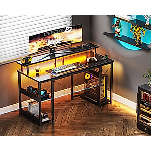 ODK 48 inch Gaming Desk with LED Lights & Power Outlets, Computer Desk with Monitor Stand & Storage Sheves, CPU Stand, Home Office Desk, Black