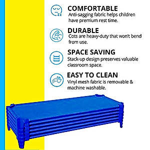 Wood Designs 87800 Stackable Daycare Cots for Kids, Naptime/Sleeping Cots for Preschool, Daycare, Kindergarten [Set of 6], 52"L x 22.25"W, Blue, Ready-to-Assemble