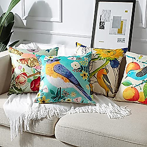Artscope Set of 4 Decorative Throw Pillow Covers 18x18 Inches, Retro Flowers and Birds Waterproof Cushion Covers, Perfect to Outdoor Patio Garden Living Room Sofa Farmhouse Decor