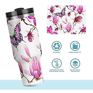 Yasala Car Tumbler with Handle Pinks Magnolia Butterfly Travel Mug Coffee Cup Insulated Beverage Container Mega Cup for Hot Cold Drinking Thermos Water Bottle Cupholder Friendly 40 oz