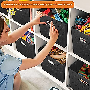 JIAessentials 12 inch Black Foldable Diamond Patterned Faux Leather Storage Cube Bins Set of Two with Handles for living room, bedroom and office storage