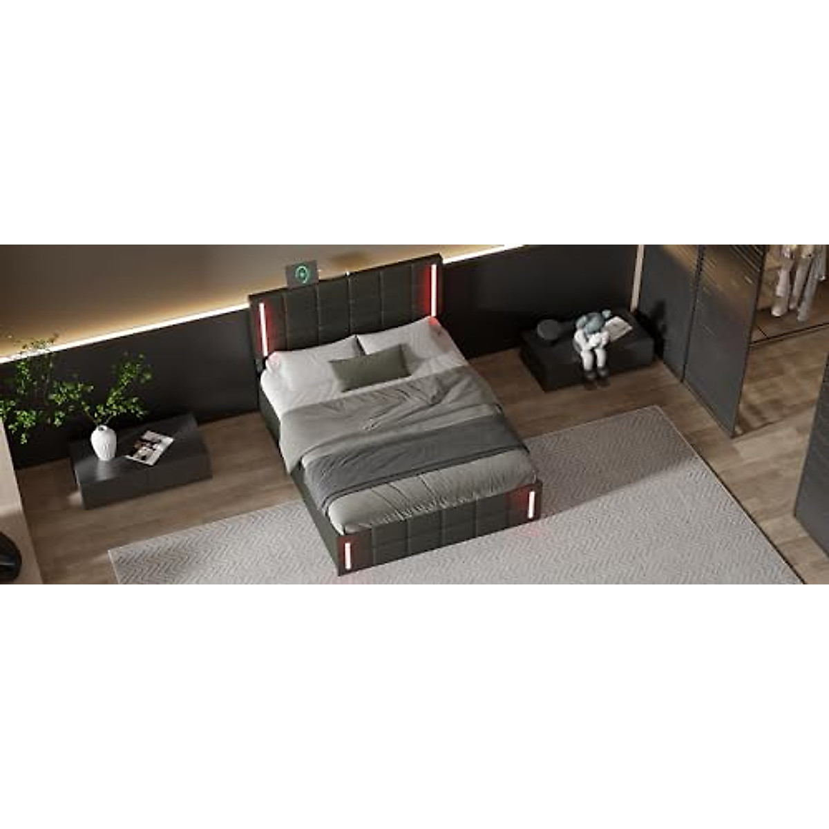 Bellemave Bed Frame,Upholstered Queen Platform Bed with Lift Up Storage, LED Lights and USB Charging, Faux Leather Bed Frame with Headboard and Slat Support (Black, Full Size)