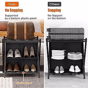 Huhote Luggage Rack for Guest Room, Set of 2, Folding Suitcase Stand with Fabric Storage Shelf, Luggage Holder, Steel Foldable Luggage Stand for Guest Room, Bedroom, Hotel, Black